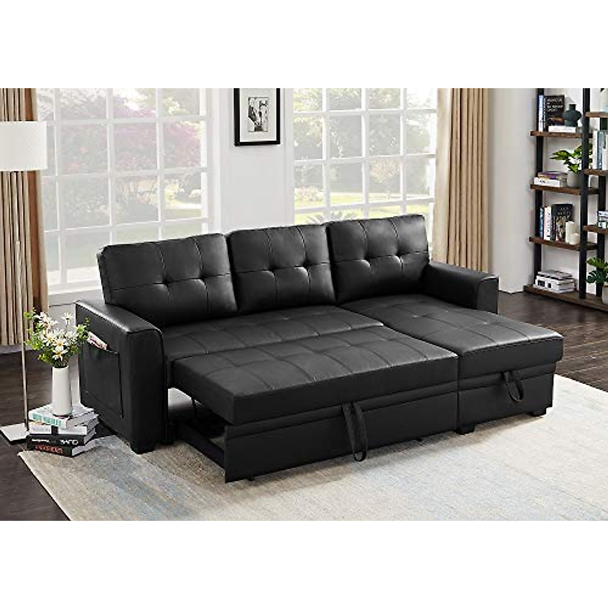 INFINI FURNISHINGS 84" Wide Sectional Sofa with Pull Out Sleeper Bed, Reversible Storage Chaise Lounge, Modern Tufted Line Design Sofabed, Faux Leather, Black