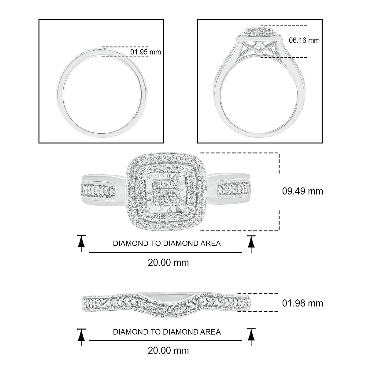 Cali Trove 1/5cttw Diamond Wedding Ring Set for Women in 925 Sterling Silver (Size-9) | Square Double Halo Diamond Engagement Ring for Women with Matching Half Eternity Diamond Wedding Band (White)