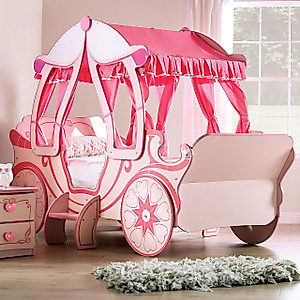 Furniture of America McHenry Twin-Size Kids Bed with Princess Carriage Design, Curtain and Slat Kit Included, Small Ladder, No Box Spring Required for Girls, Pink