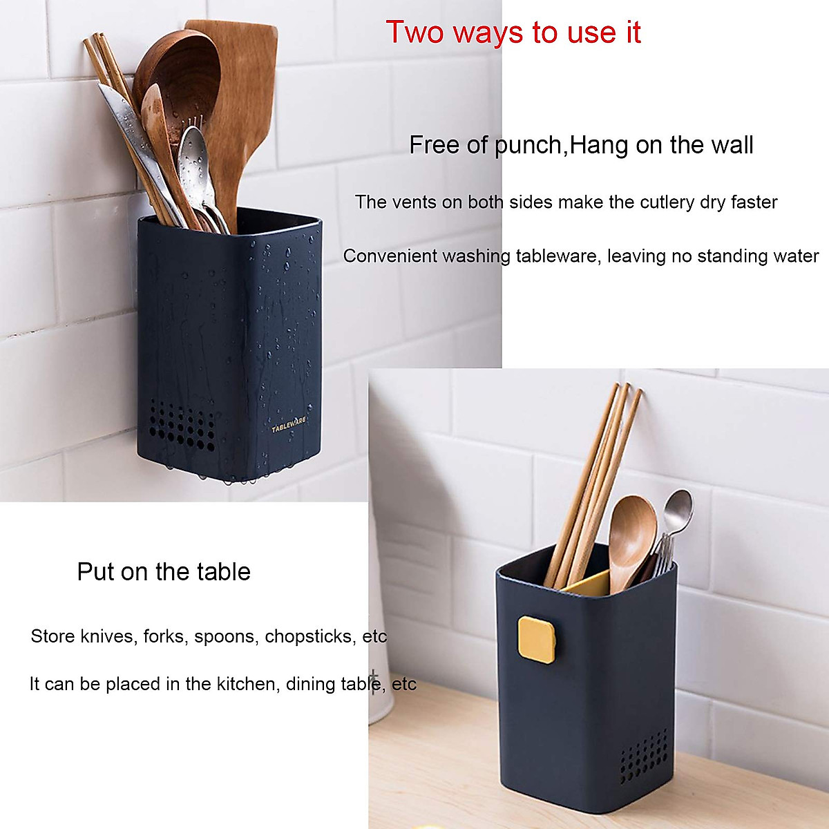 Kitchen Utensil Holder for Countertop,Multifunctional Draining Chopstick Cage,Double Ventilation Holes,Wall Mounted or Standing Cutlery Storage Organizer Caddy,Tableware Spoon Forks Storage Box,Navy