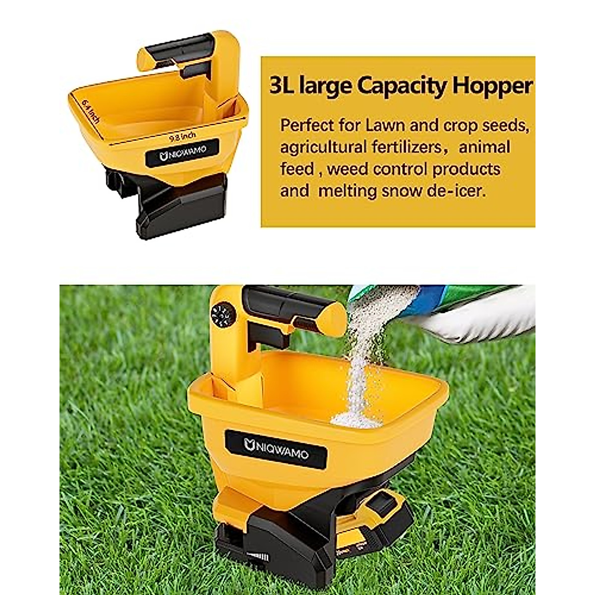 Uniqwamo Handheld Power Spreader for Dewalt 20V/60V Li-ion Battery, Available Year-Round, Grass Seeds, Rock Salt and De-icer Out-Doors(Battery not Included)