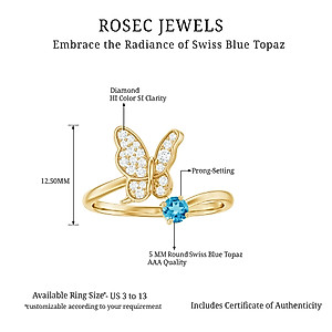 Rosec Jewels Natural Swiss Blue Topaz Diamond Promise Ring for Women, AAA Quality, Cute Butterfly Ring - Ready to Gift, 14K Yellow Gold, Size:US 3.00