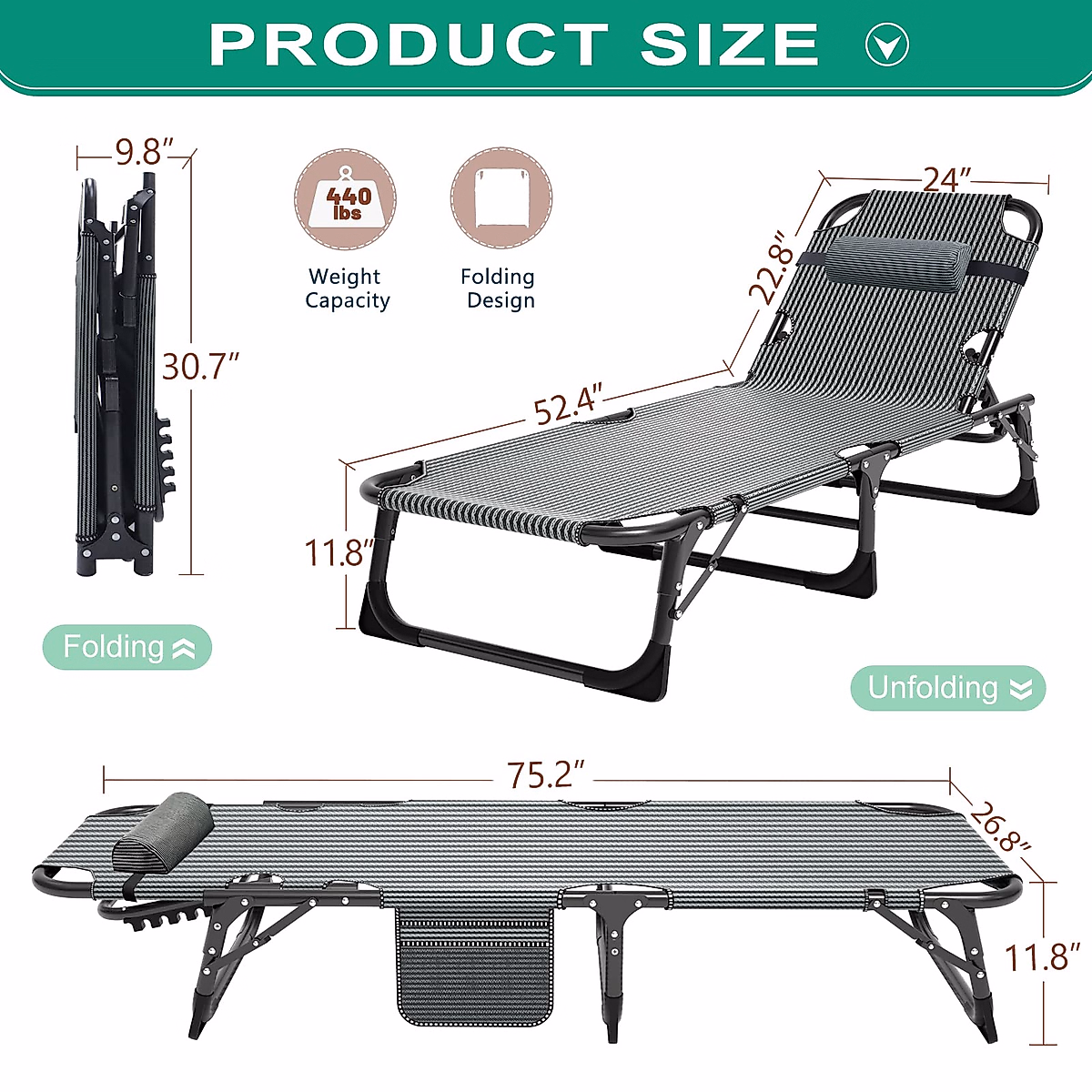 Barbella Folding Camping Cots Sleeping Cots for Adults, Adjustable 4-Position Folding Chaise Outdoor Patio Lounge Chairs, Portable Folding Bed Reclining Chair for Camping Pool Beach Patio Sun Tanning