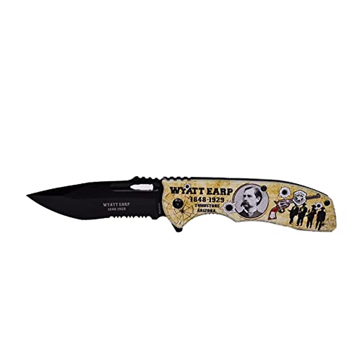 Folding Wyatt Earp Pocket Knife, 4.75 inch Stainless Steel Blade Pocket Knife with Printed portrait of Wyatt Earp (birth from 1848 - 1929)| Legend of the West Collection| with Pocketclip for Camping, Fishing, Hiking, Gifts for Father, Husband