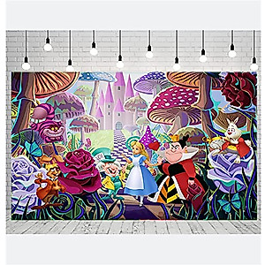 The Fantasy World of Alice Backdrop, 5 x 3 ft Alice in Wonderland Theme Banner Supplies, Tea Party Baby Shower Background for Birthday Party Cake Table Decoration