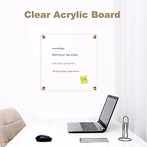AMUSIGHT Clear Acrylic Dry Erase Board，12" X 12" Golden Non-Magnetic Acrylic White Board for Wall，Clear Erasable Acrylic Board for Office, School or Home，2 Markers