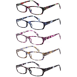 Kerecsen Reading Glasses 5 Pairs Fashion Ladies Readers Spring Hinge with Pattern Print Eyeglasses for Women (Mix Color -2, 3.00)