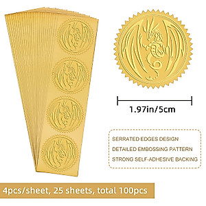 CRASPIRE 2" Gold Foil Sticker Dragon 100pcs Certificate Seals Gold Embossed Round Embossed Foil Seal Stickers for Envelopes Invitation Card Diplomas Awards Graduation Celebration