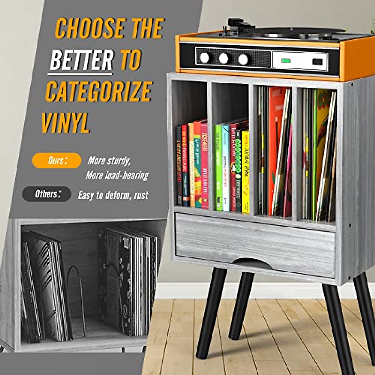 WASAIT Record Player Stand Vinyl Record Storage Table with Drawer Record Display Turntable Stand with Wood Legs 3-Tiers Vinyl Holder Cabinet for Living Room Bedroom Grey