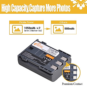 Pickle Power 2Pcs NB-2L NB-2LH Battery and LED Dua Charger for Digital Rebel XT XTi PowerShot G7 G9 S70 S80 S60 S50 S30 S40 S45 DC420 DC410 EOS 400D 350D VIXIA HF R10 Elura 40 50 60