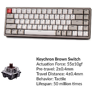 Keychron K6 65% Compact 68-Keys Aluminum Frame Wireless Mechanical Keyboard for Mac, Bluetooth, Multitasking, Wired Gaming Keyboard for Windows Non-Backlit with Keychron Brown Switch