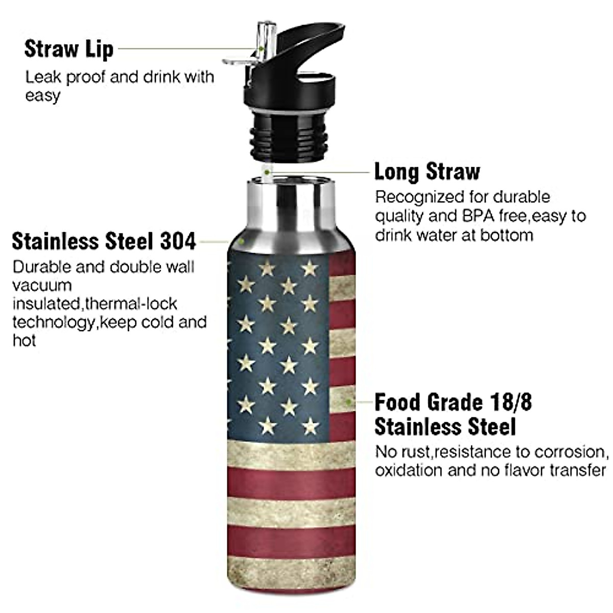 xigua American Flag Water Bottle with Straw Lid Vacuum Insulated Stainless Steel Thermo Flask for Sports Cycling Hiking School Home,20 oz.
