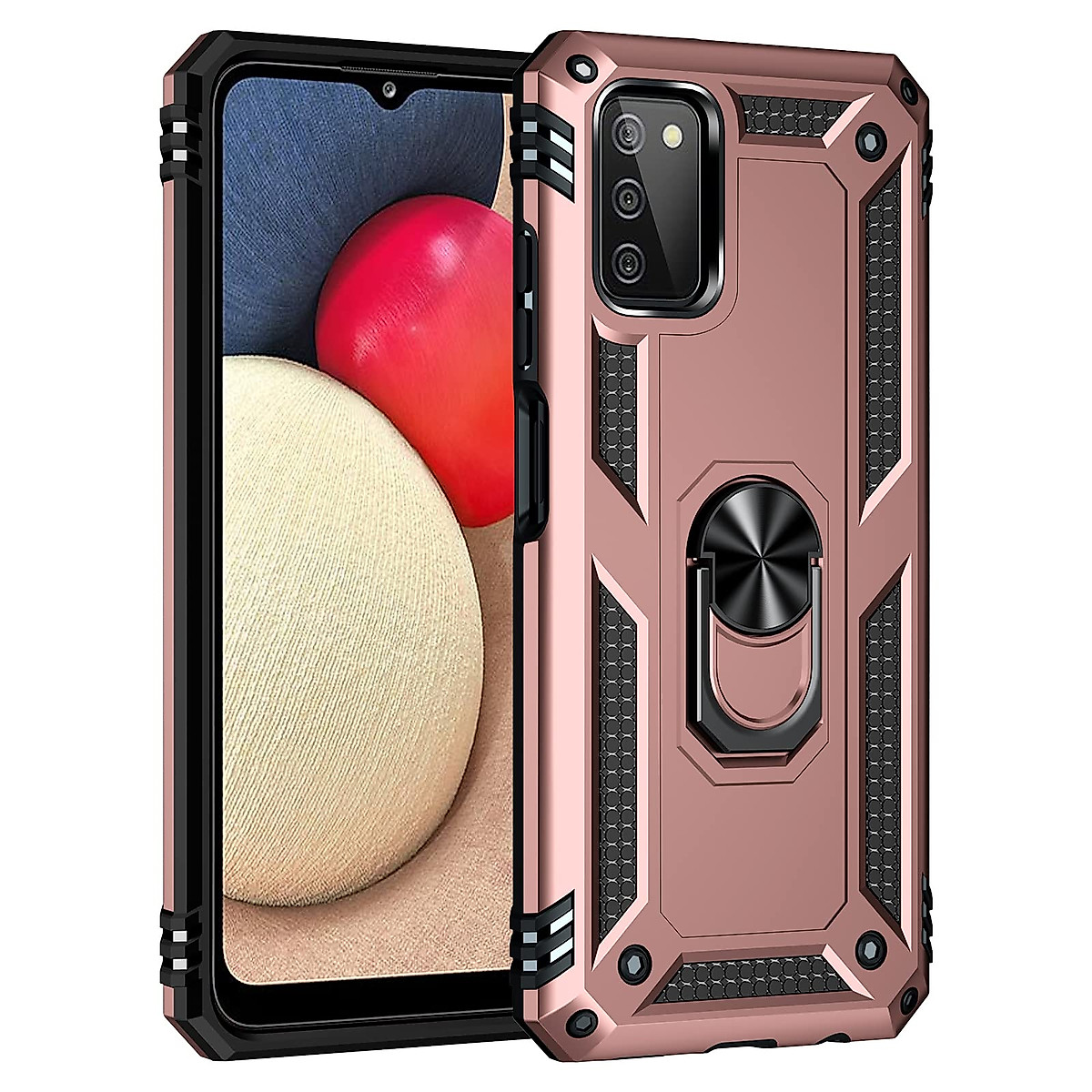 PUSHIMEI Galaxy A03S Case, Military Grade 16ft Drop Tested, Ring Holder Kickstand, with Screen Protector - Rose Gold