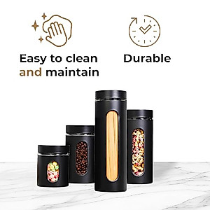 JS Gourmet 4 Pcs Stainless Steel Canisters Set for Kitchen with Glass Window and Airtight Lid, Perfect for Storing Coffee, Spaghetti, Sugar, Beans and Dry Ingredients (Black)
