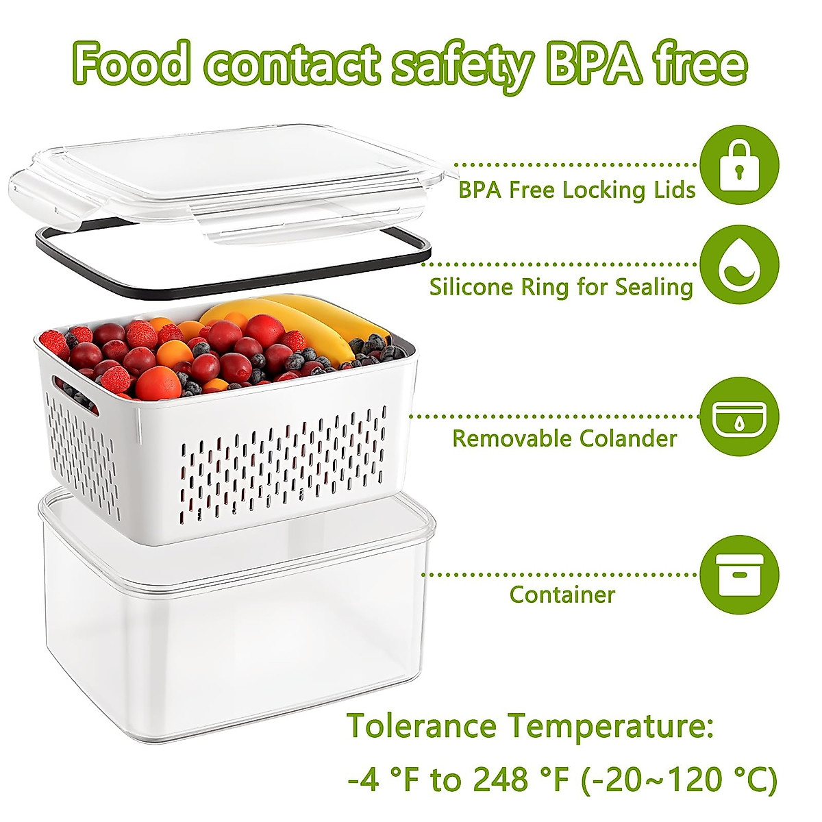 Xiureim 3 Pack Fruit Storage Containers for Fridge with Colanders, 4 in 1 Produce Saver Storage Containers, Airtight Food Storage Containers with Lids for Salad Berry Lettuce Vegetables Meat Keeper