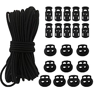 20pcs Plastic Cord Locks with 1/8-Inch 50ft Elastic Cord Heavy Stretch Round String, 10Pcs Sing-Hole, 10pcs Double-Hole Spring Toggle Stopper Slider Black (3mm-Black)