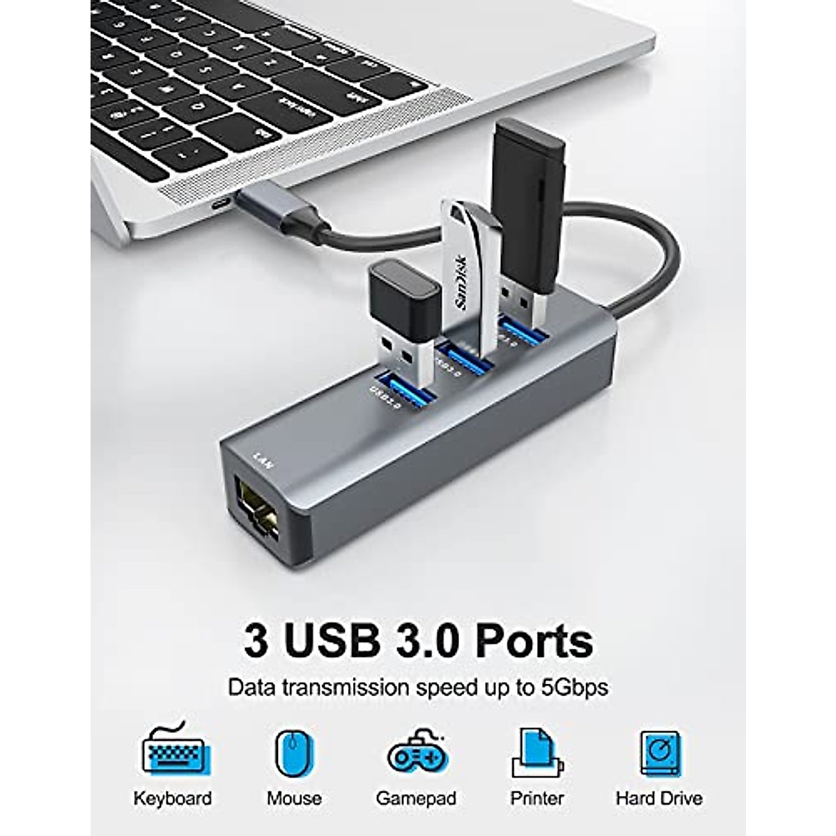 USB C to Ethernet Adapter, ABLEWE 4-in-1 RJ45 to USB-C/Thunderbolt 3 to Gigabit Ethernet LAN Network Adapter for MacBook Pro/Air 2021/2020/2019, iPad Pro 2021, Chromebook, XPS, Surface Book 3/2/Go