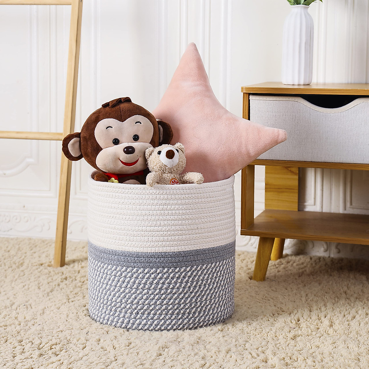 Woven Cotton Basket Sef of 3, 11x11x11in Storage Shelf Basket for Toys Clothes Books, Home Office Organization Basket, White & Grey