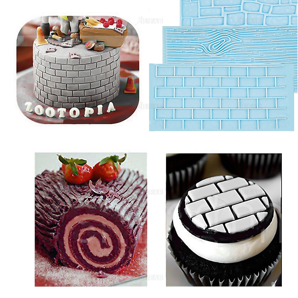 AUEAR, 6 Pack Fondant Impression Mat Mold Set Brick Wall Flower Cobblestone Embossed Tree Bark Stone Wall Texture Design for Cupcake Biscuits Top Edging Decoration