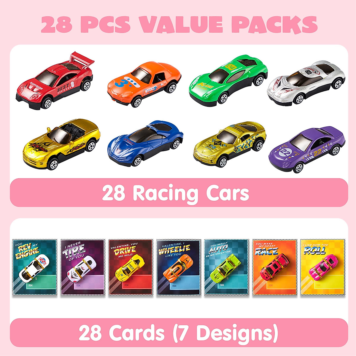 JOYIN 28-Count Valentines Day Gifts Cards, Valentine's Greeting Cards for Kids with Die-Cast Racing Cars Valentine Classroom Exchange Party Favor Toy