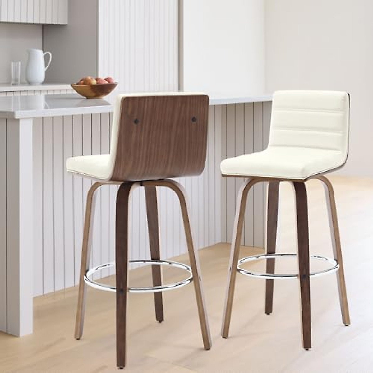 Bekrvio Bar Stools Set of 3 Swivel Bar Stools with Backs, 29 Inch Bar Height Upholstered PU Leather Barstool, L Shape Back, Padded Seat, Mid-Century Modern Bar Stool Chairs for Kitchen Island, White