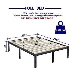 ZIYOO Full Size Bed Frame, 18 Inches Tall, 3 Inches Wide Wood Slats with 3500 Pounds Support for Foam Mattress, No Box Spring Needed, Heavy Duty Metal Platform, Easy Assembly, Noise Free