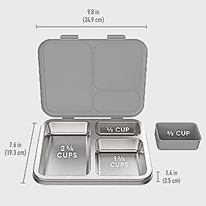 Bentgo® Kids Stainless Steel Leak-Resistant Lunch Box - Bento-Style Redesigned in 2022 w/Upgraded Latches, 3 Compartments, & Extra Container - Eco-Friendly, Dishwasher Safe, Patented Design (Silver)