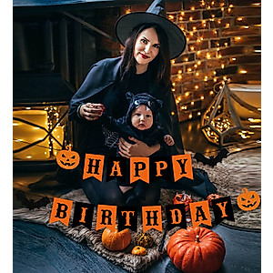 PTFNY Halloween Happy Birthday Banner Black Orange Halloween Birthday Bunting Banner with Pumpkin and Bat Signs Halloween Themed Birthday Party Decorations for Wall Fireplace Party Decor Supplies