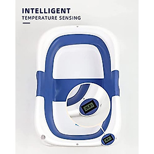 NAPEI Collapsible Baby Bathtub,Baby Bath Tub with Soft Cushion & Thermometer,Portable Travel Bathtub with Drain Hole,Durable Baby Bathtub Newborn to Toddler 0-36 Months(Blue+ Floating Soft Cushion)