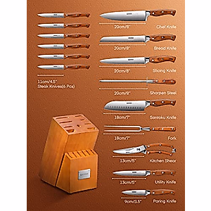 Knipan Kitchen Knife Sets with Block, 16PCS Professional Stainless Steel Forged Chef Knife Block Set, Ultra Sharp Knives with Wood Handle, Brown