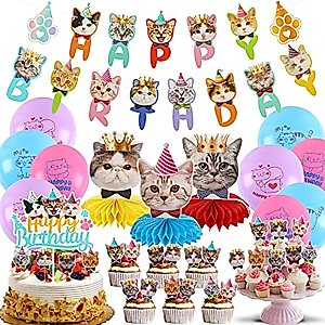 DECYOOL 39 Pcs Cat Birthday Decorations Cat Birthday Party Supplies, 2 Pcs Birthday Banner 3 Pcs Birthday Honeycombs 9pcs Birthday Balloons and 25 Pcs Cupcake Toppers for Kid cat lover