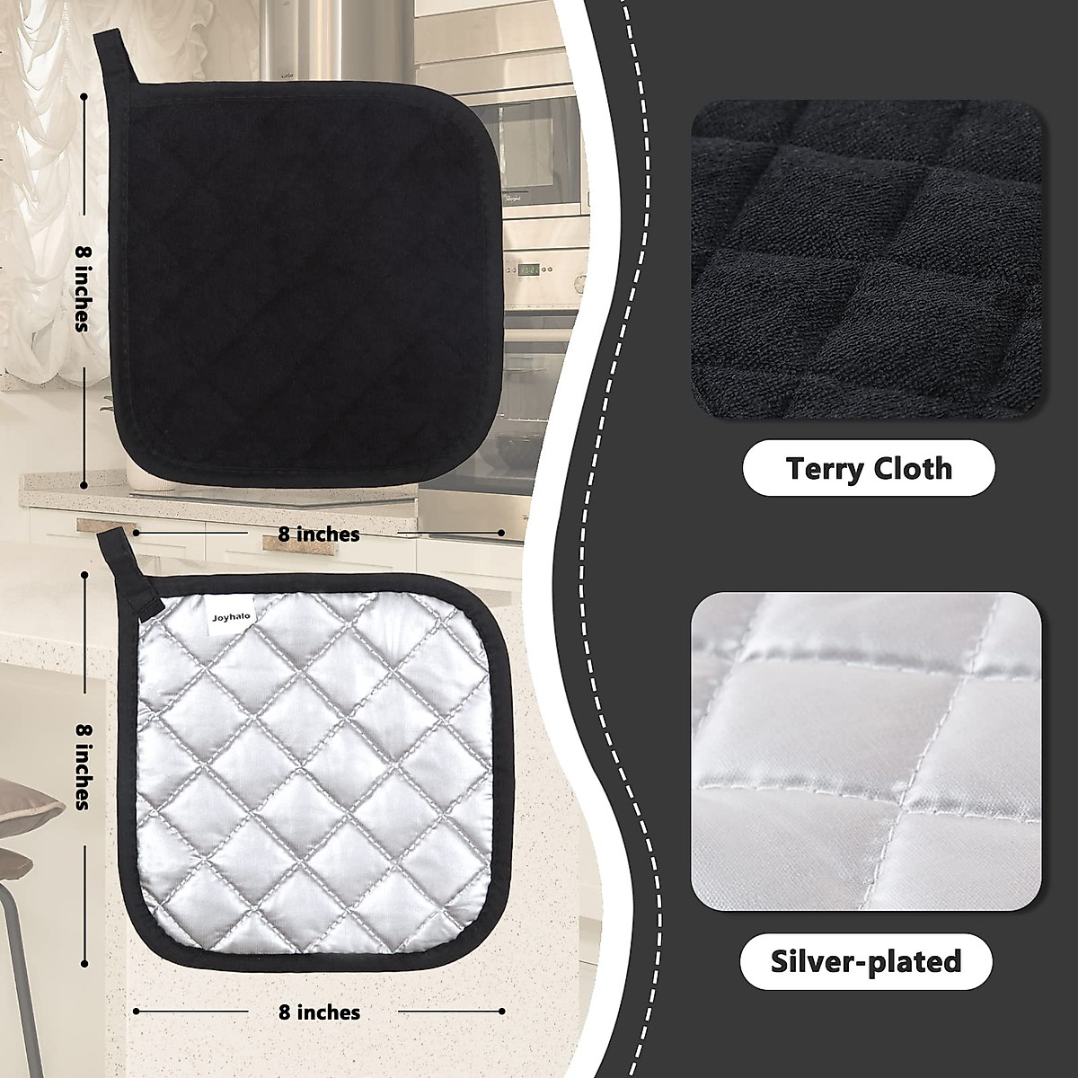 Joyhalo 4 Pack Pot Holders for Kitchen Heat Resistant Clearance Pot Holders Sets Oven Hot Pads Terry Cloth Pot Holders for Cooking Baking, Black