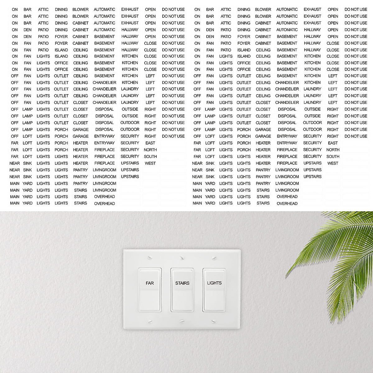 TOMALL 500Pcs Light Switch Labels Stickers with Text Transparent Household Light Fan Heater Bathroom Kitchen Garage DO NOT USE for New Home Office Hotel Public Places