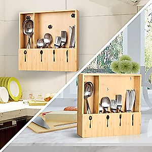 Bamboo Kitchen Utensil Holder for Countertop - Wall Mount Available - Cooking Utensil Caddy with 4 Compartments, Farmhouse Kitchen Decor, Wooden Utensil Organizer for counter