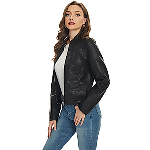 Fahsyee Black Faux Leather Jackets for Women Zip Up Motorcycle Short PU Moto Biker Outwear Fitted Slim Coat Size L