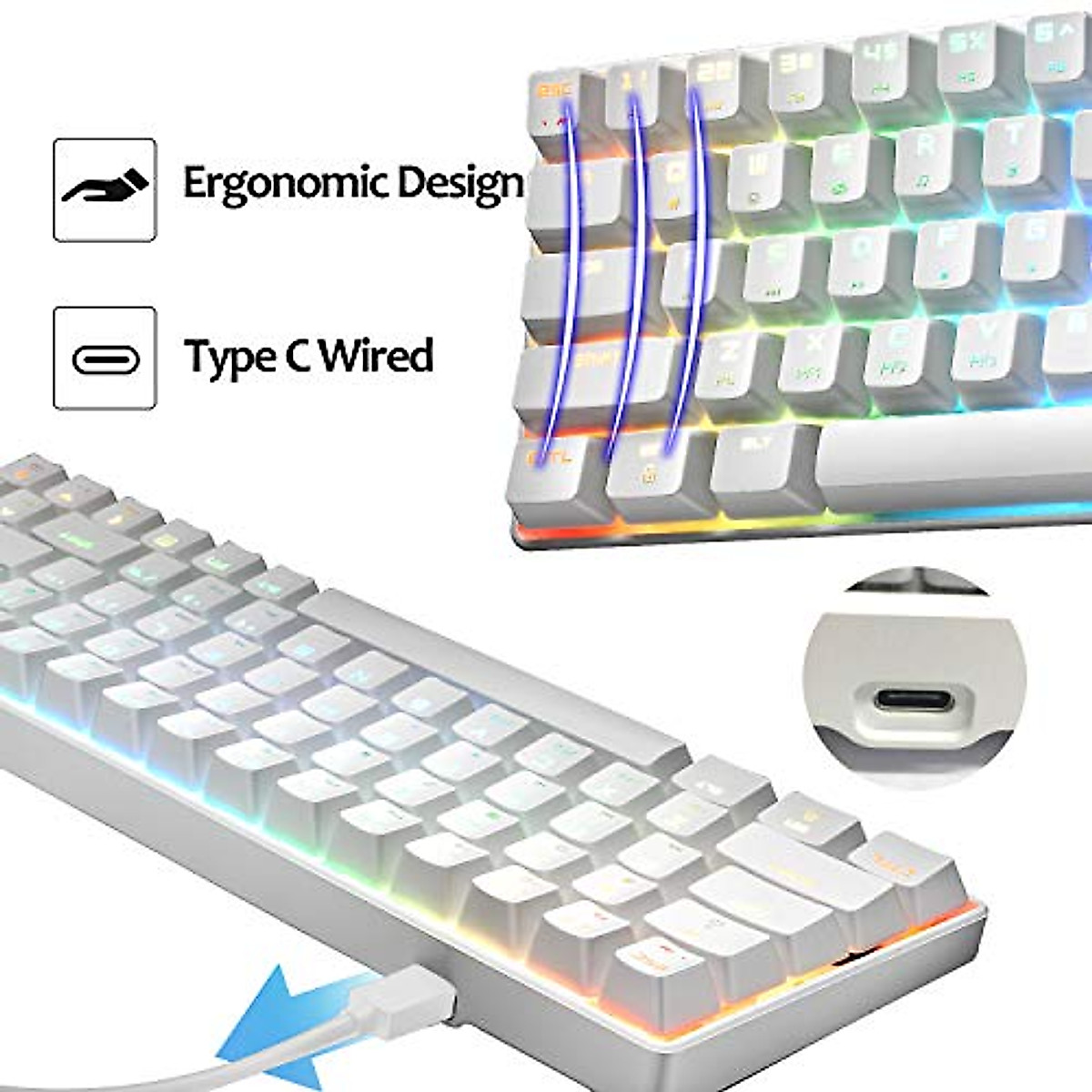LexonElec Mechanical Gaming Keyboard 18 Chroma RGB Backlit 60% Percent Keyboard with Type C Red Switches 68 Keys Anti-ghosting Wired Gaming Keyboard for PC/Mac Gamer,Typist,Tactile-White