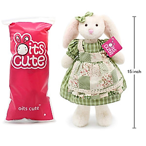oits cute Small Soft Stuffed Animal Bunny Rabbit Plush Toy for Baby Girls 15inch (White Rabbit Wearing Green Plaid Dress)