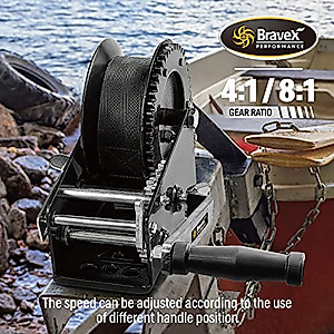 Bravex Boat Trailer Winch 3500lbs with 33ft Strap, Heavy Duty Hook Portable Hand Winch, Two Way Ratchet Manual Winch for SUV ATV UTV for 4:1/8:1 Gear Crank Winch (3500lb with Cable Black Winch)