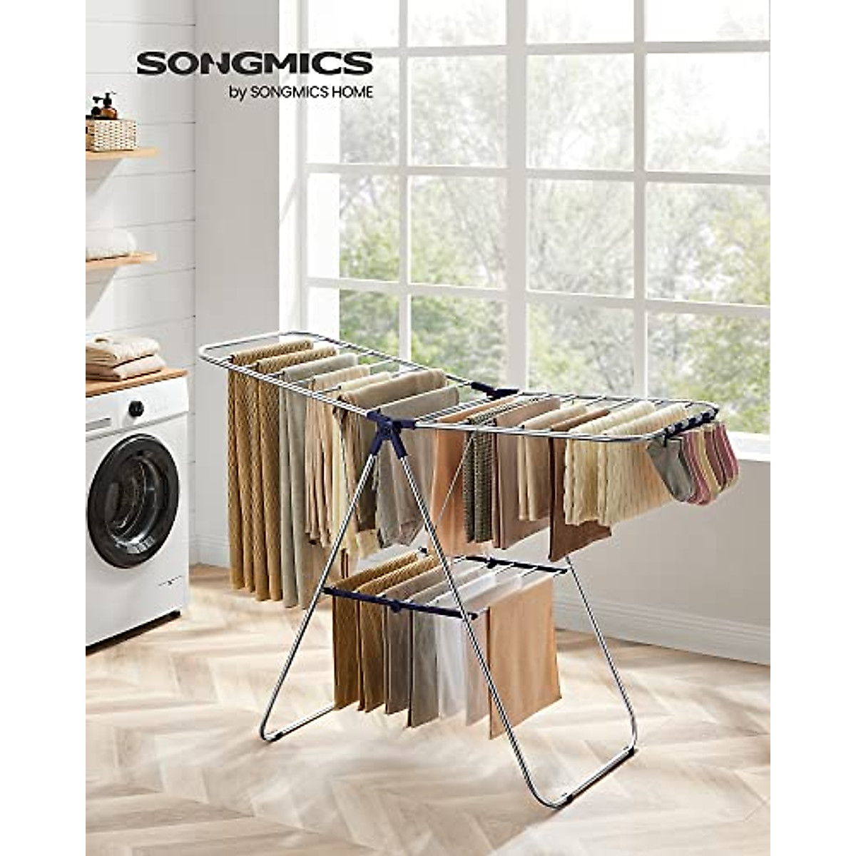 SONGMICS Clothes Drying Rack, with Bonus Sock Clips, Stainless Steel Gullwing Space-Saving Laundry Rack, Foldable for Easy Storage, Silver