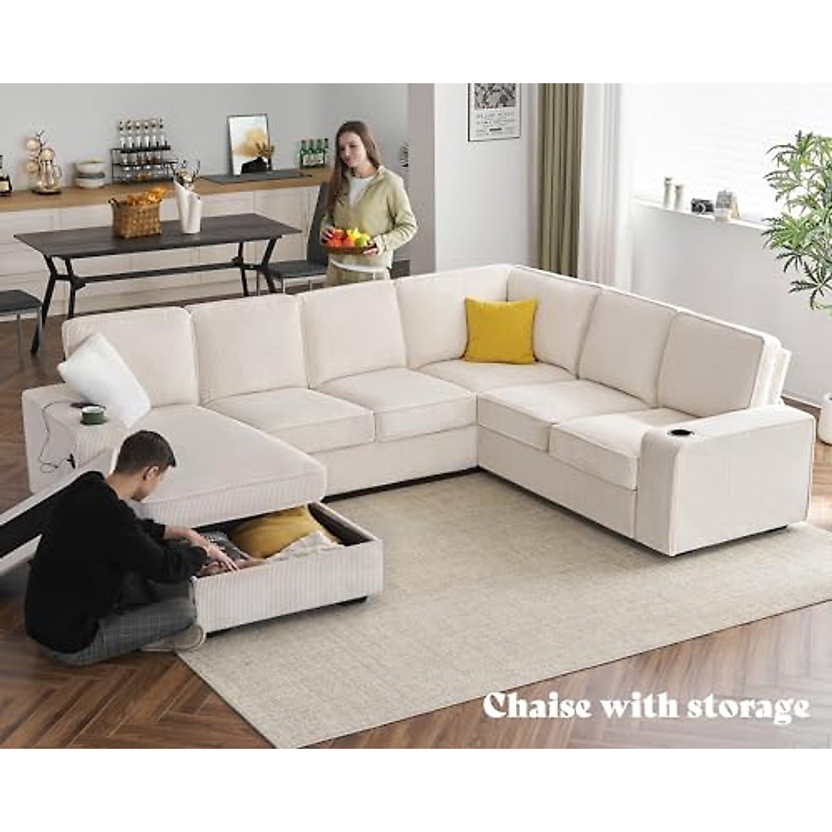 PaPaJet U Shaped Sofa, 7 Seater Sofa with USB Ports, Sectional Sofa Couch with Storage Chaise, Corduroy Beige