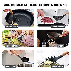 LaGrace O Naturel 12 Pcs Non-stick Silicone Kitchen Utensil Set – Wooden Spoons For Cooking - 446°F Heat Resistant Turner Tongs, Spatula, Spoon, Brush,