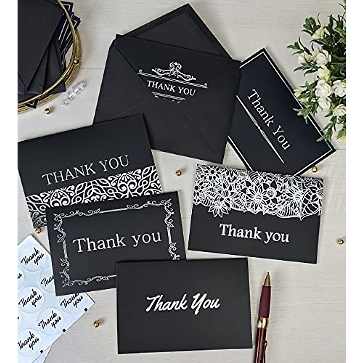 120 Elegant Thank You Cards in Black with Matching Black Envelopes and Sealing Stickers - Thick Quality Cardstock 6 Designs Bulk Notes Embossed with Silver Foil Letters, 4x6 Inches Folded