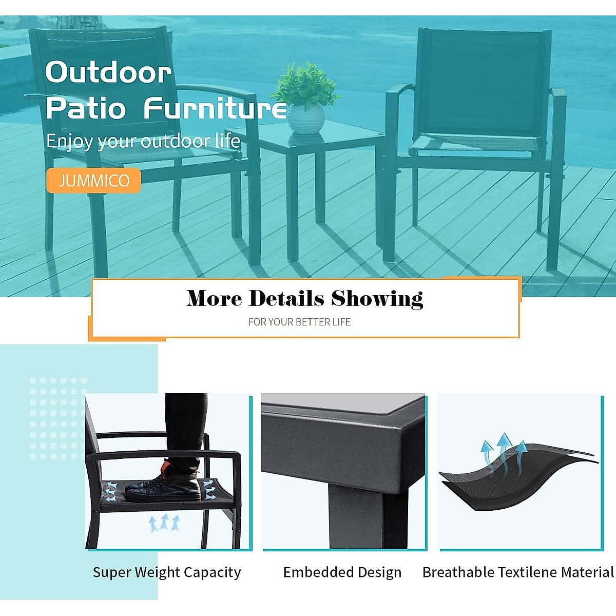 JUMMICO 3 Pieces Patio Furniture Set Outdoor Textilene Patio Chairs with Coffee Table Modern Patio Conversation Bistro Set for Lawn, Garden, Balcony, Poolside and Porch (Black)