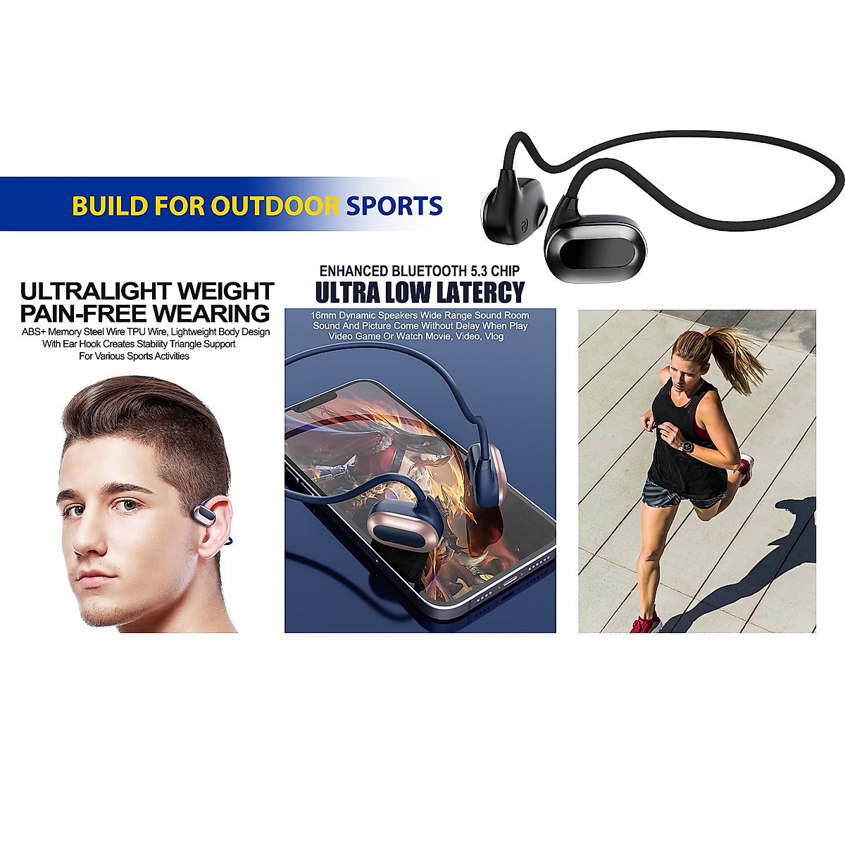 Open Ear Headphone TWS True Wireless Stereo Over-The-Ear Sport Headphone DUCK2 Air Conduction Earphone Blind-Touch-Control Technology (Black/Nickel)