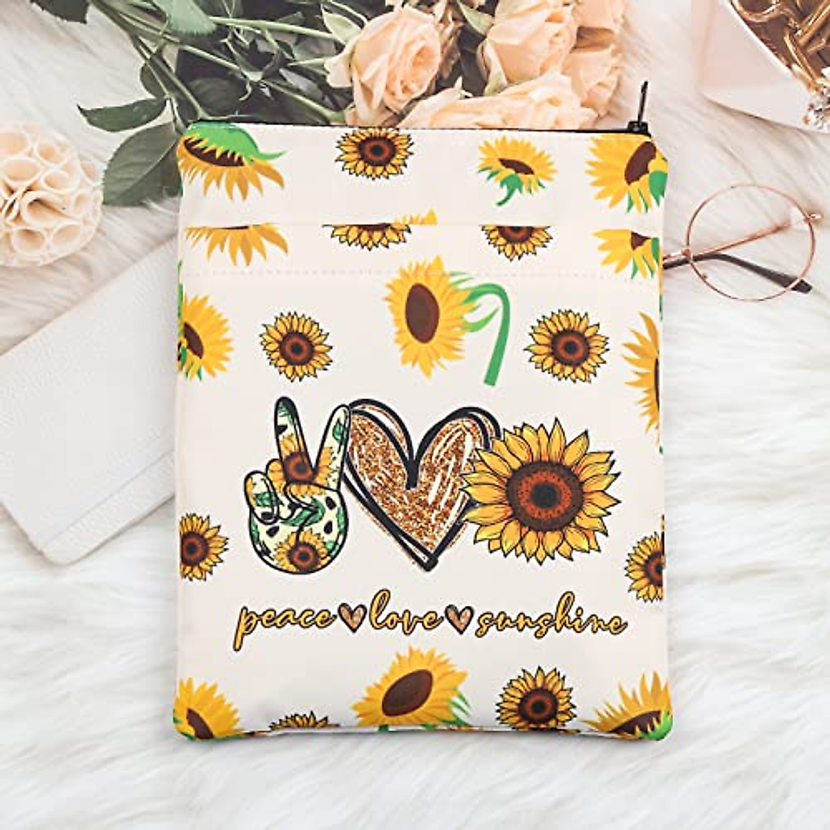 MNIGIU Funny Sunflower Book Sleeve Peace Love Sunshine Book Protector Cover Sunflower Themed Gifts for Book Lover (Sunflower)