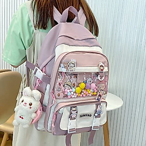MocaDng Backpack for Girls, Kawaii Backpack Cute Aesthetic Backpack with Pin Accessories Plush Pendant, 17.7 Inch Backpack for School & Travel - Durable, Water Resistant (Purple)