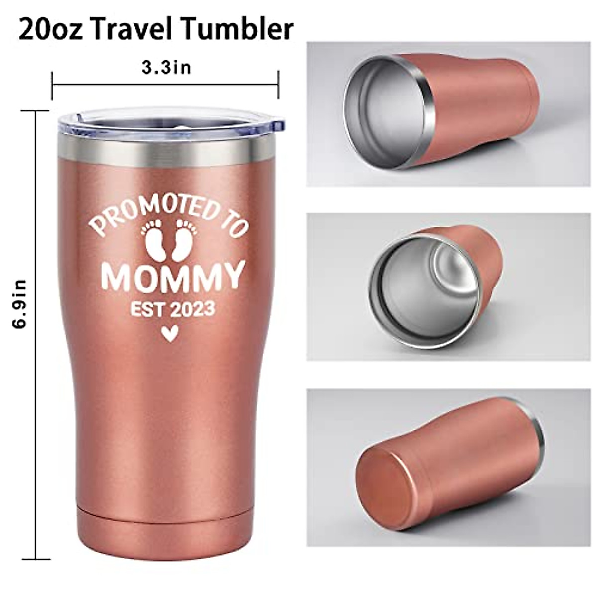Qtencas Promoted to Mom Est 2023 Travel Tumbler, New Mom Gifts for Women, Great Mothers Day Gifts for Mom, First Time Mom Gifts Mom to be Mother to be Gifts, 20 Oz Stainless Steel Tumbler, Rose Gold