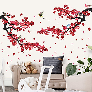 Romantic Red Flowers Wall Decals 3D Plum Floral Tree Branches Wall Stickers DIY Removable Peach Cherry Blossom Birds Wall Decor for Kids Girls Bedroom Living Room Nursery Office Decoration DT-4978