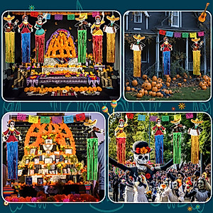 6Pcs Day of The Dead Decorations Sugar Skull Hanging Decor - Dia De Los Muertos Papel Picado Banner Mexican for Halloween Party Home Outdoor Decoration