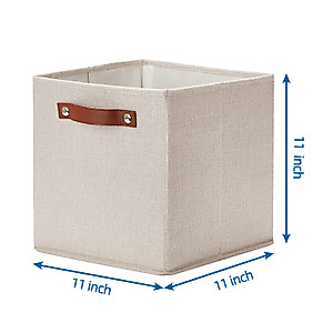 Temary 11x11 Storage Cubes Fabric Storage Cubes Storage Bins with Dual Leather Handles Canvas Storage Boxes for Organizing Home, Office, Nursery, Shelf, Closet (Beige, 11 x 11 x 11)